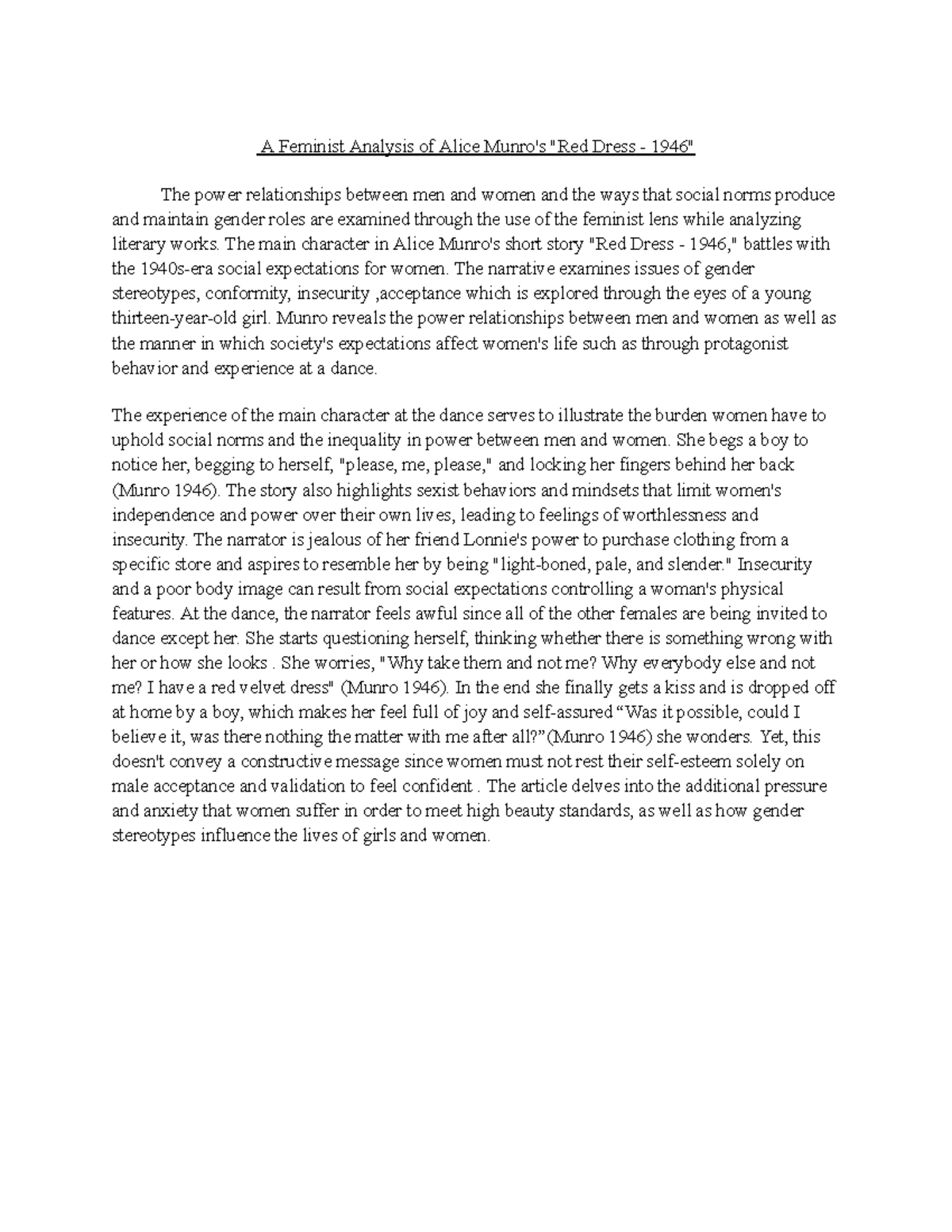 Feminist Analysis of Munro's "Red Dress - 1946": Gender Norms Explored ...