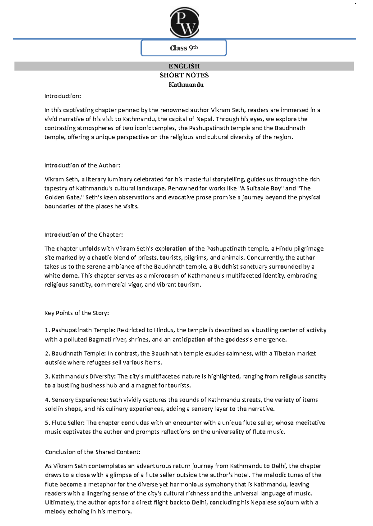 Class 9 ENGLISH: Kathmandu Chapter Short Notes - Studocu