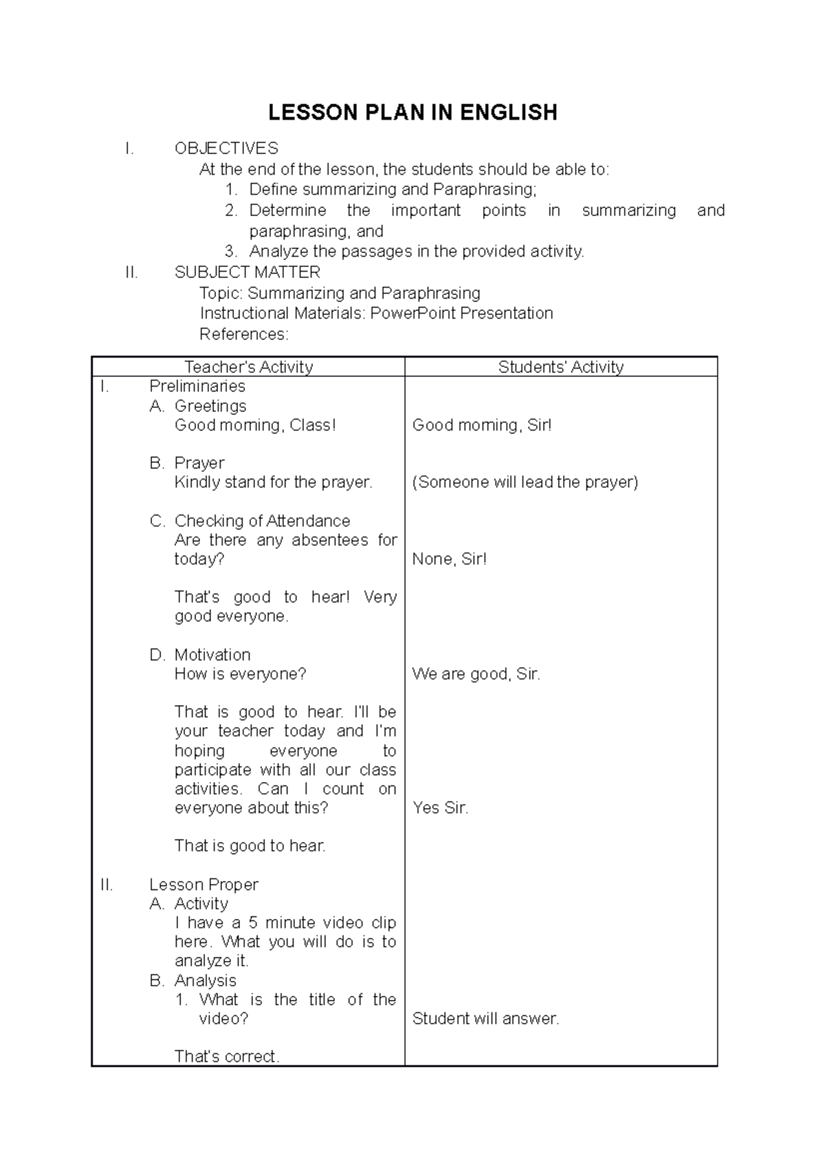 Lesson PLAN IN English summararizing and paraphrasing - LESSON PLAN IN ...