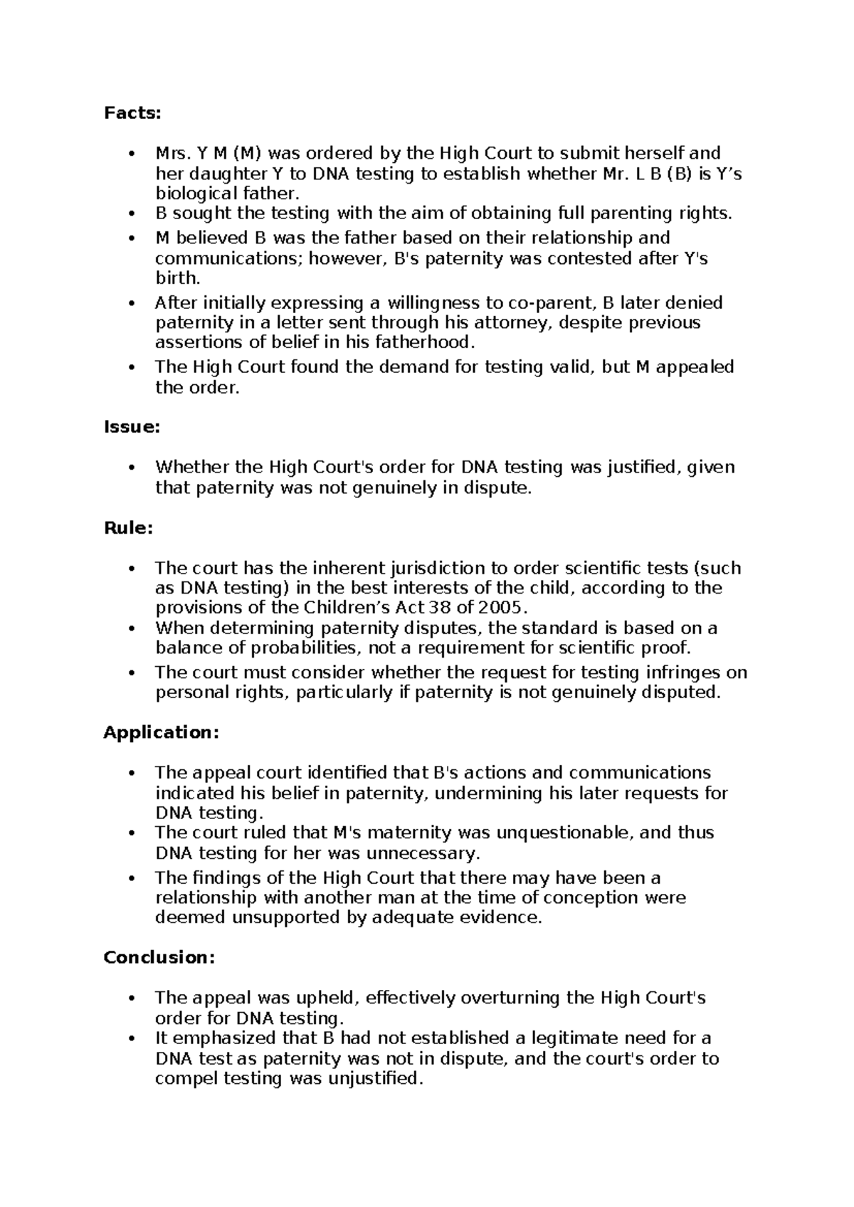 YM v LB: High Court DNA Testing Appeal Summary - Studocu