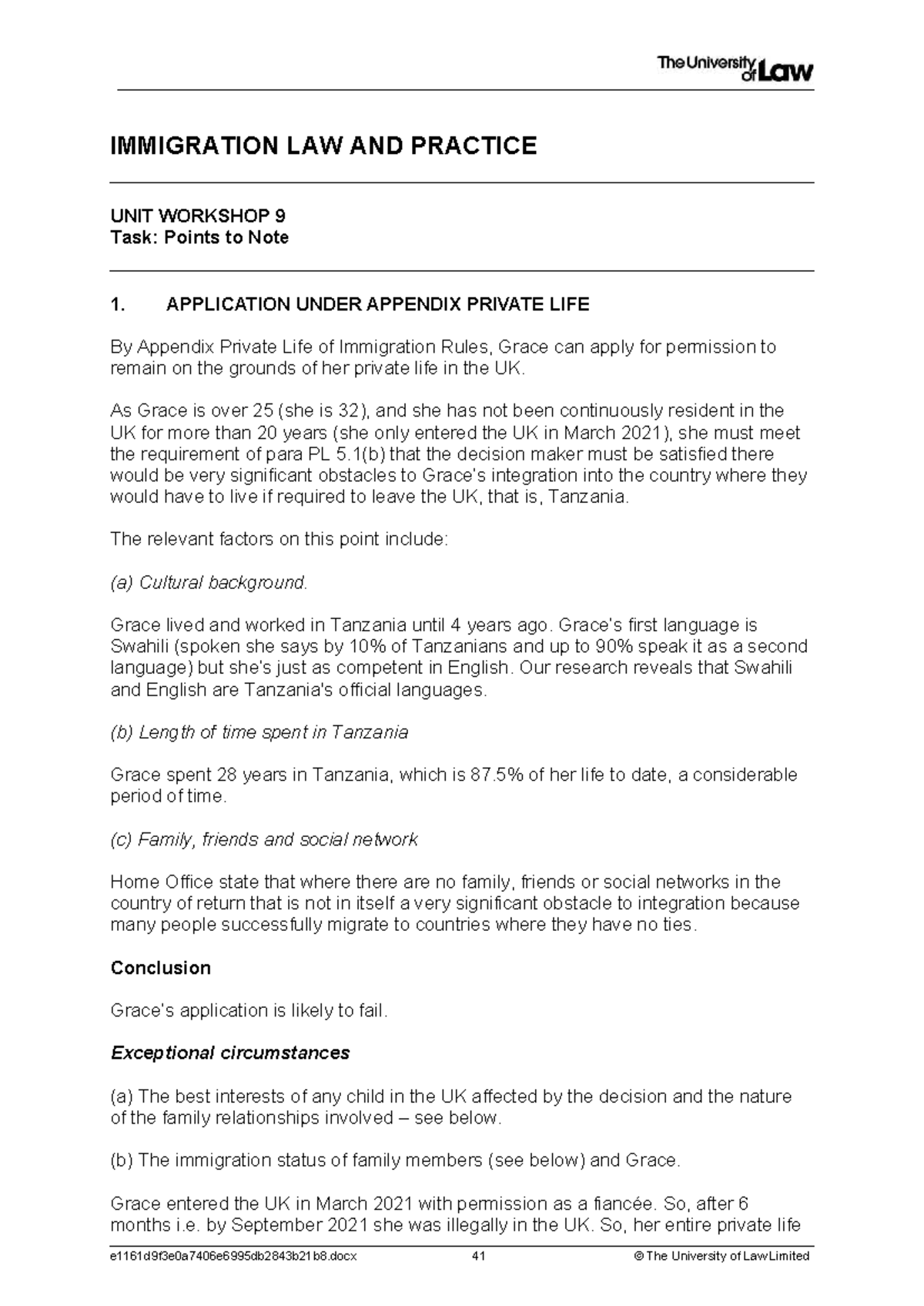 IMMIGRATION LAW AND PRACTICE UNIT WS9: Key Points for Grace's ...