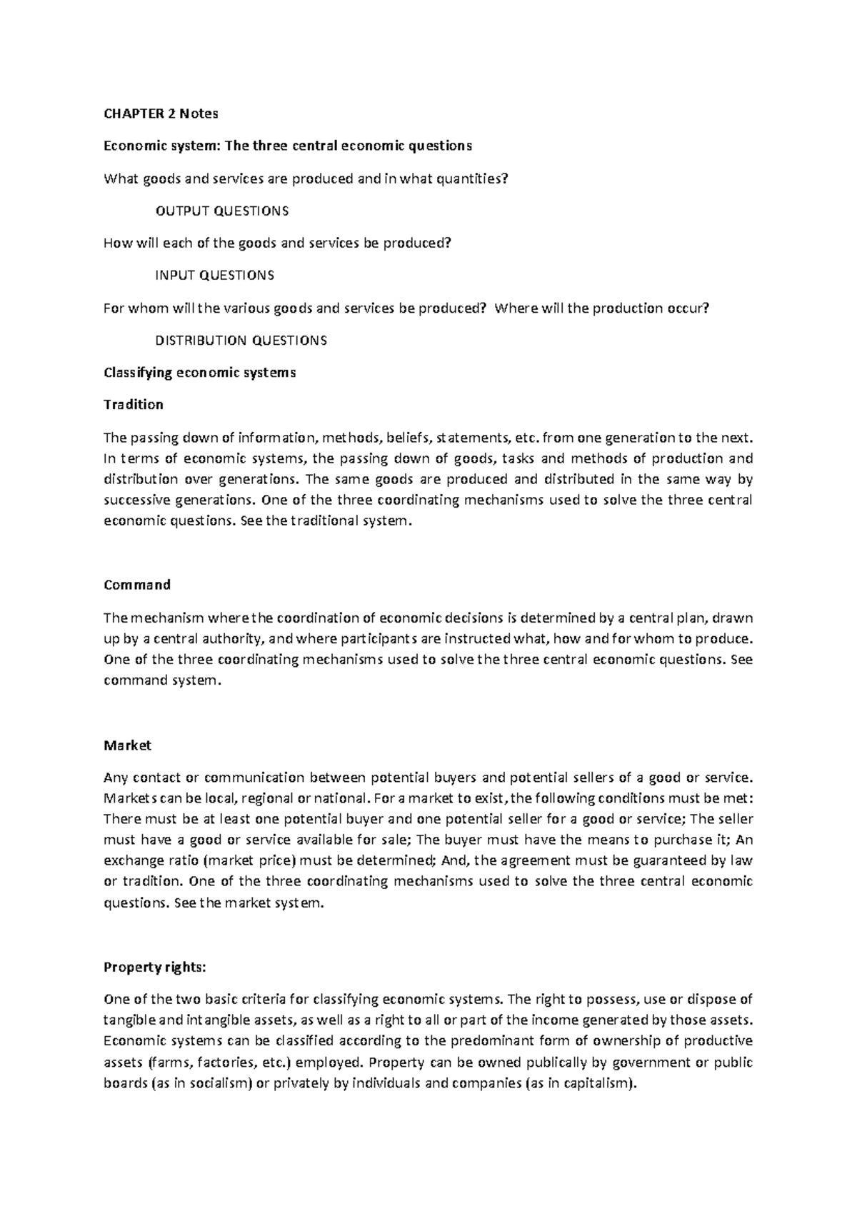ECON101: Chapter 2 Notes on Economic Systems and Classifications - Studocu