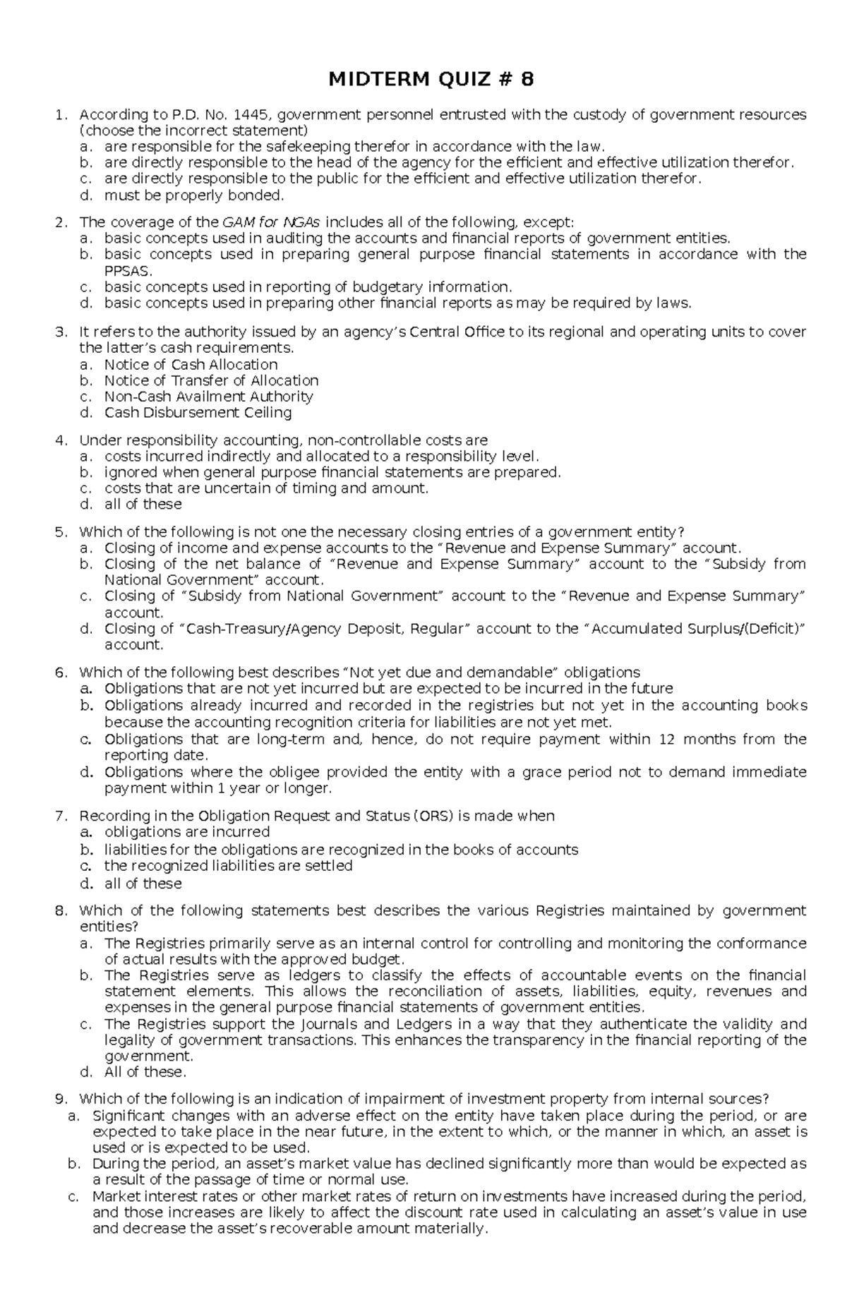 MIDTERM QUIZ 8: Key Concepts in Government Accounting and Finance - Studocu