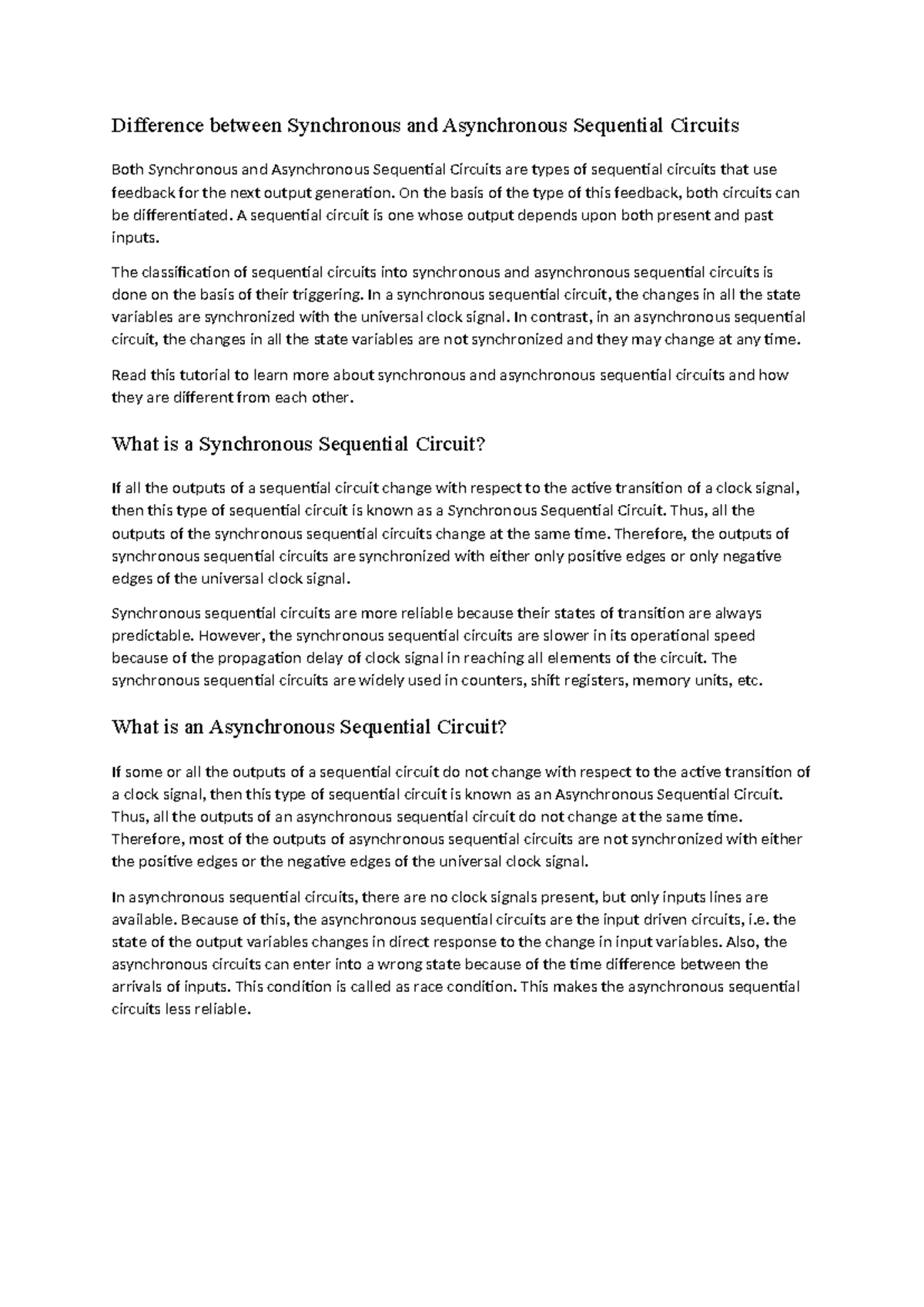Difference between Synchronous and Asynchronous Sequential Circuits ...