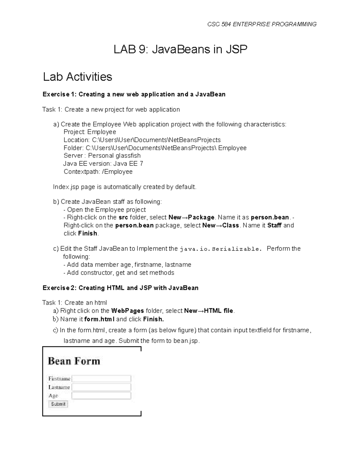 CSC 584 LAB 9: JavaBeans in JSP - Web App Creation & Exercises - Studocu