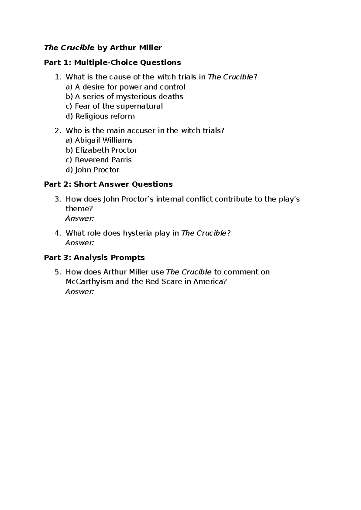 ENG 101: The Crucible by Arthur Miller - Study Questions & Analysis ...