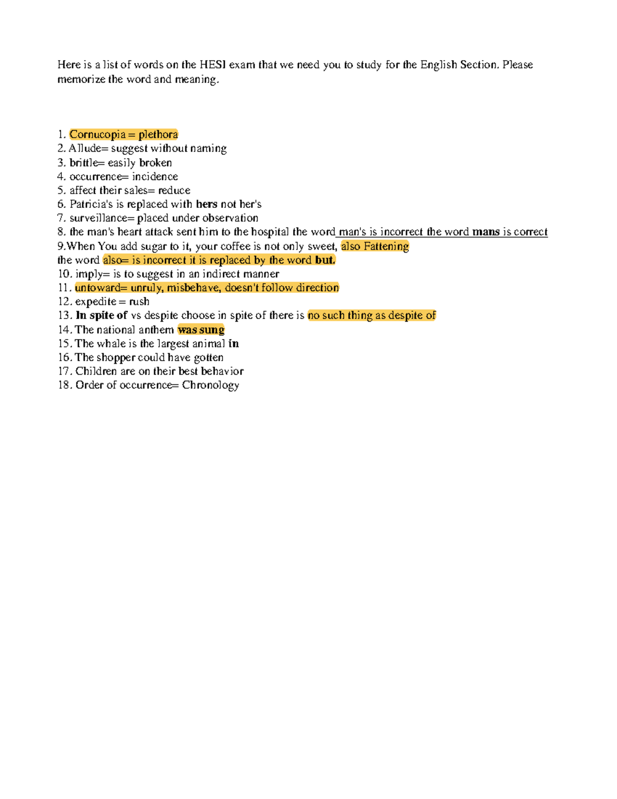 HESI English Review: Key Vocabulary for Exam Success - Studocu