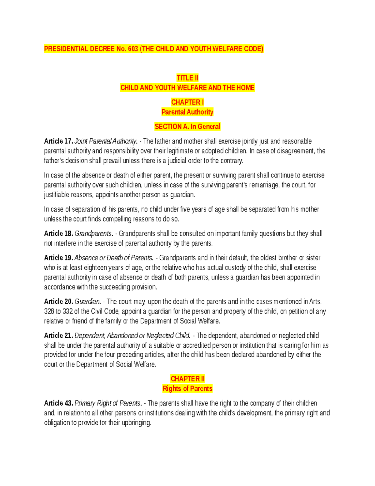 PRESIDENTIAL DECREE No. 603: Child & Youth Welfare Code - Week 5 Notes ...