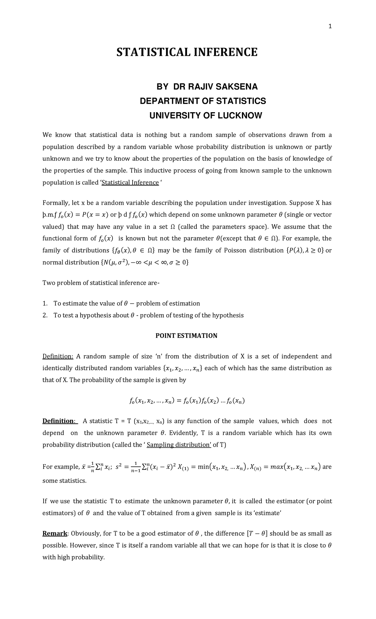 Statistical Inference 1 Statistical Inference By Dr Rajiv Saksena Department Of Statistics