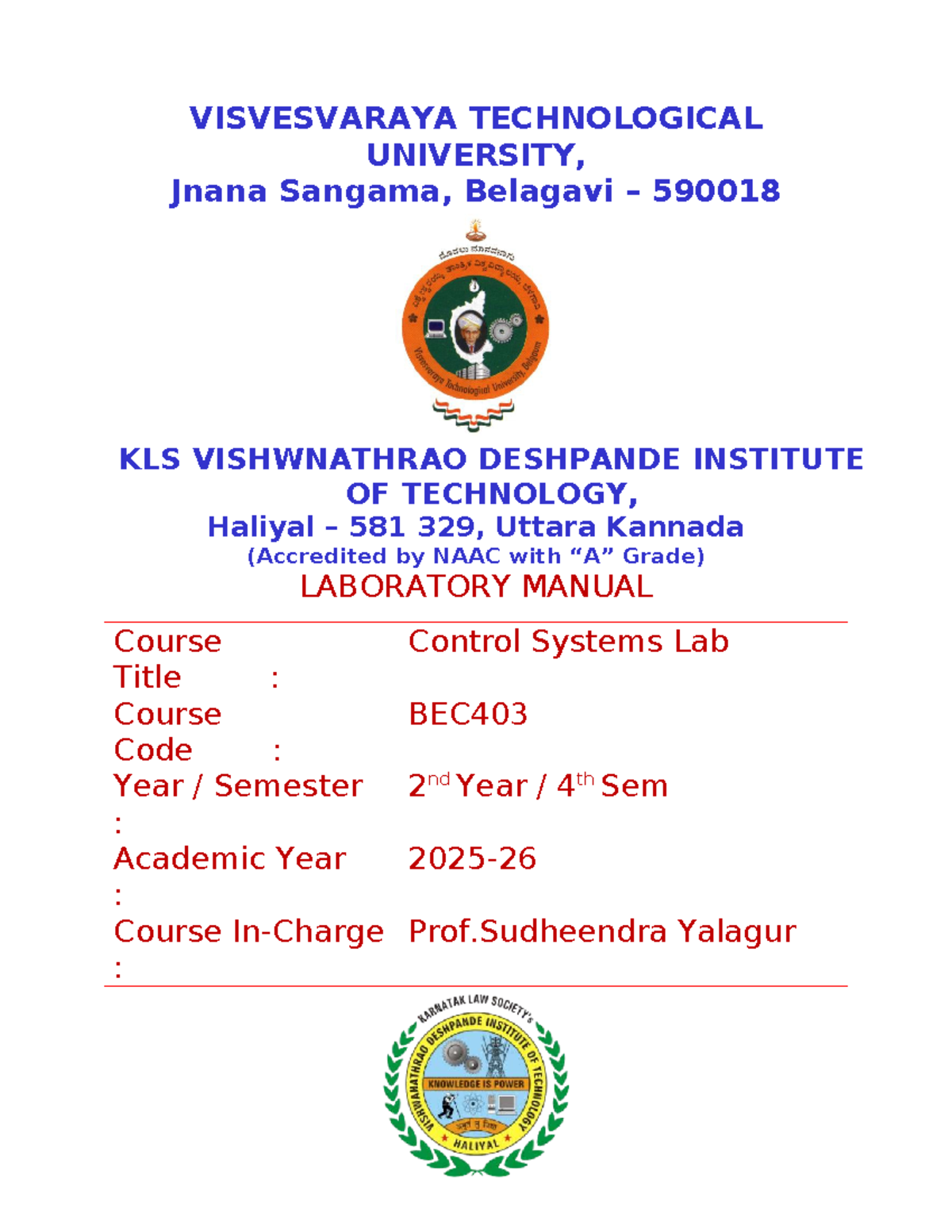Control Systems Lab Manual BEC403 - 2nd Year 4th Sem - Studocu