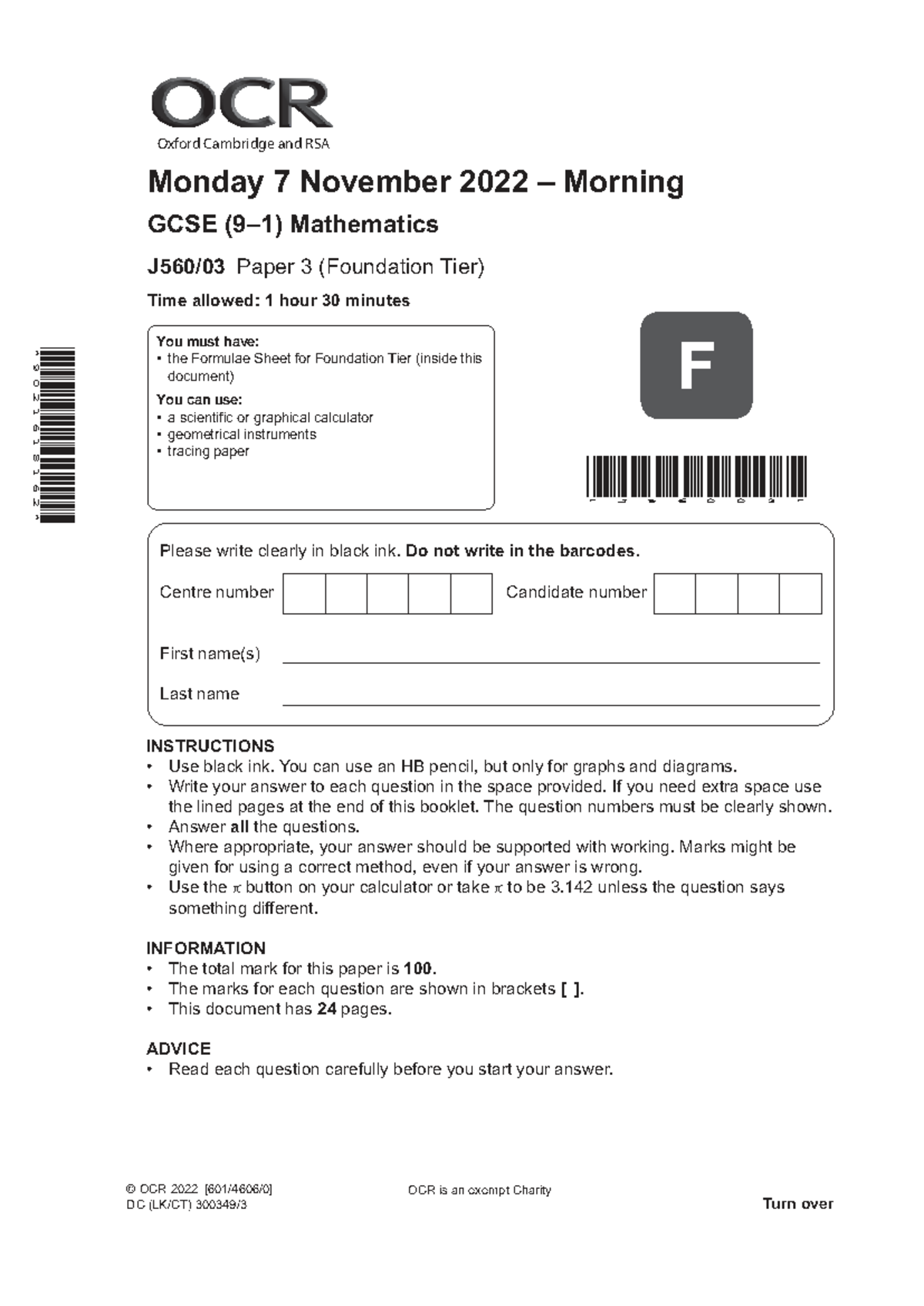 GCSE Mathematics Paper 3 (Foundation Tier) - November 2022 (9 0 2 1 6 ...