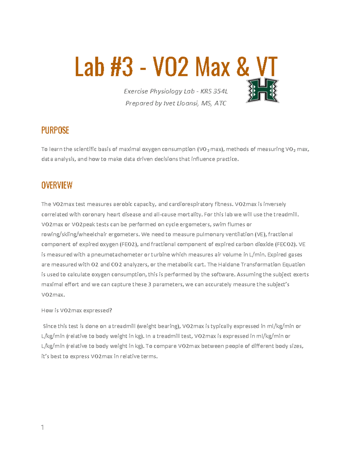 Lab KRS 354L: VO2 Max Testing in Exercise Physiology - Studocu