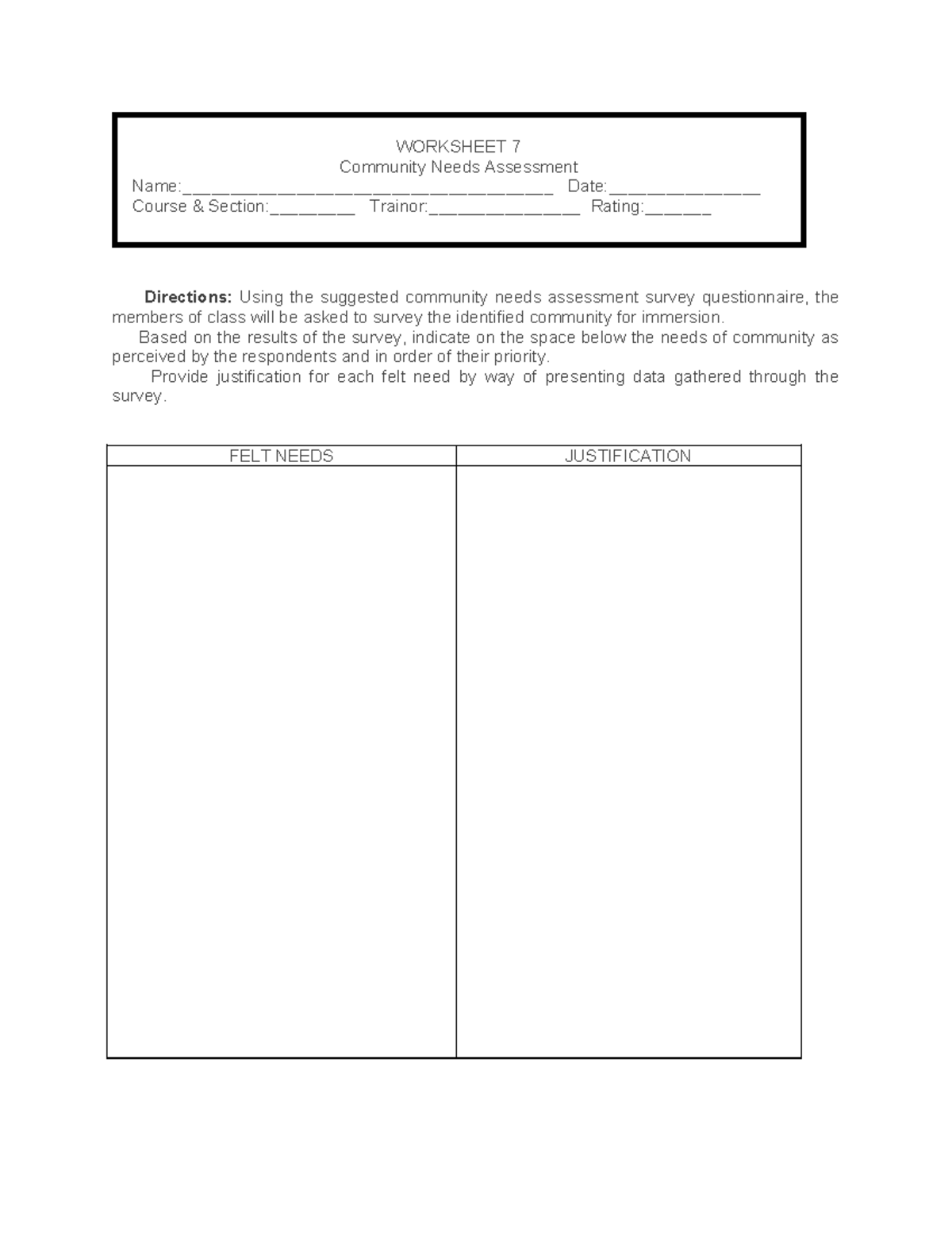 NSTP - Community Needs Assessment Worksheet Series - Studocu