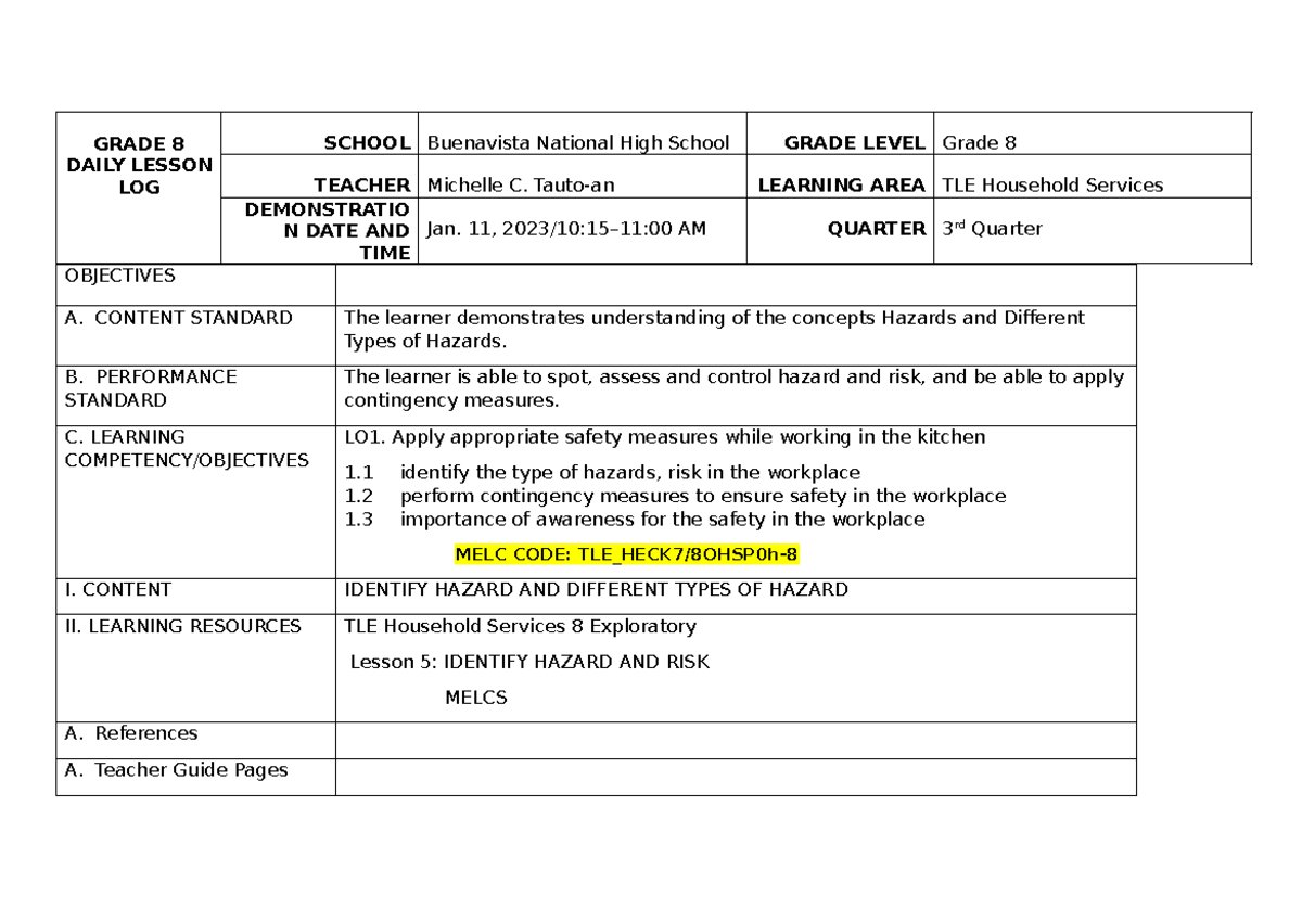 TLE 8 - Daily Lesson Log: Identifying Hazards & Safety Measures - Studocu