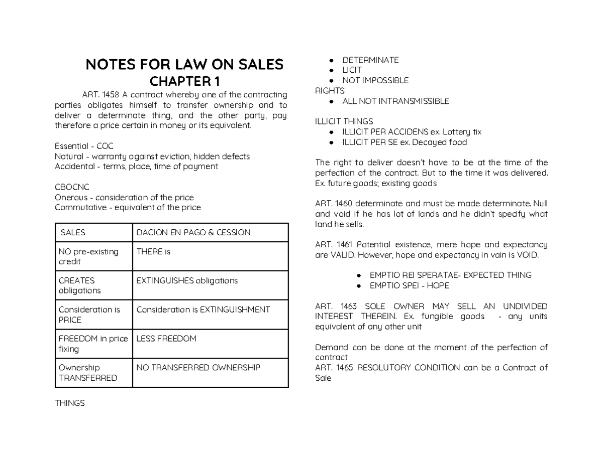 Notes for Law on Sales - NOTES FOR LAW ON SALES CHAPTER 1 ART. 1458 A ...