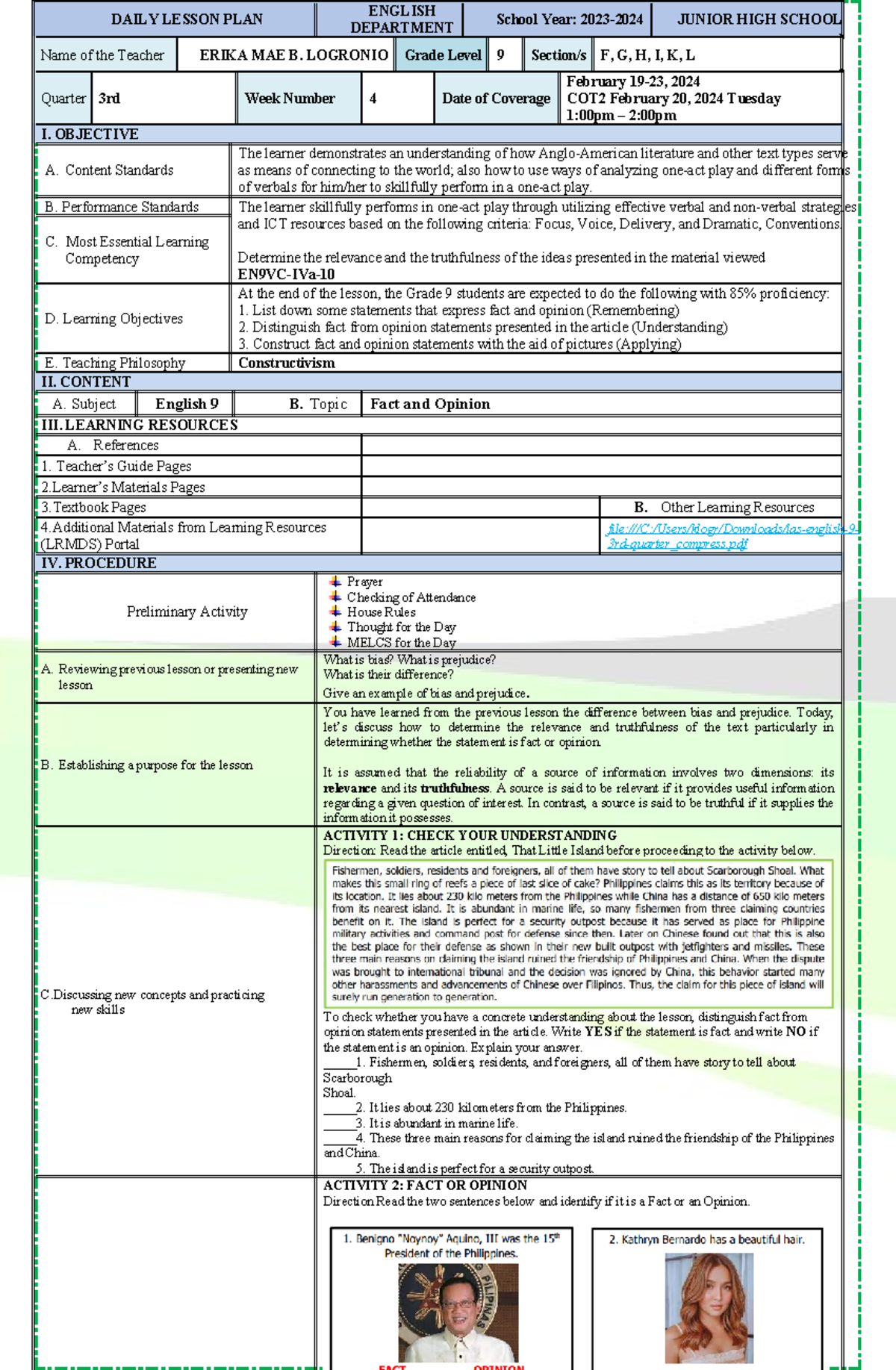 ENGLISH 9 DAILY LESSON PLAN: FACTS & OPINIONS (COT2 WK3) - Studocu
