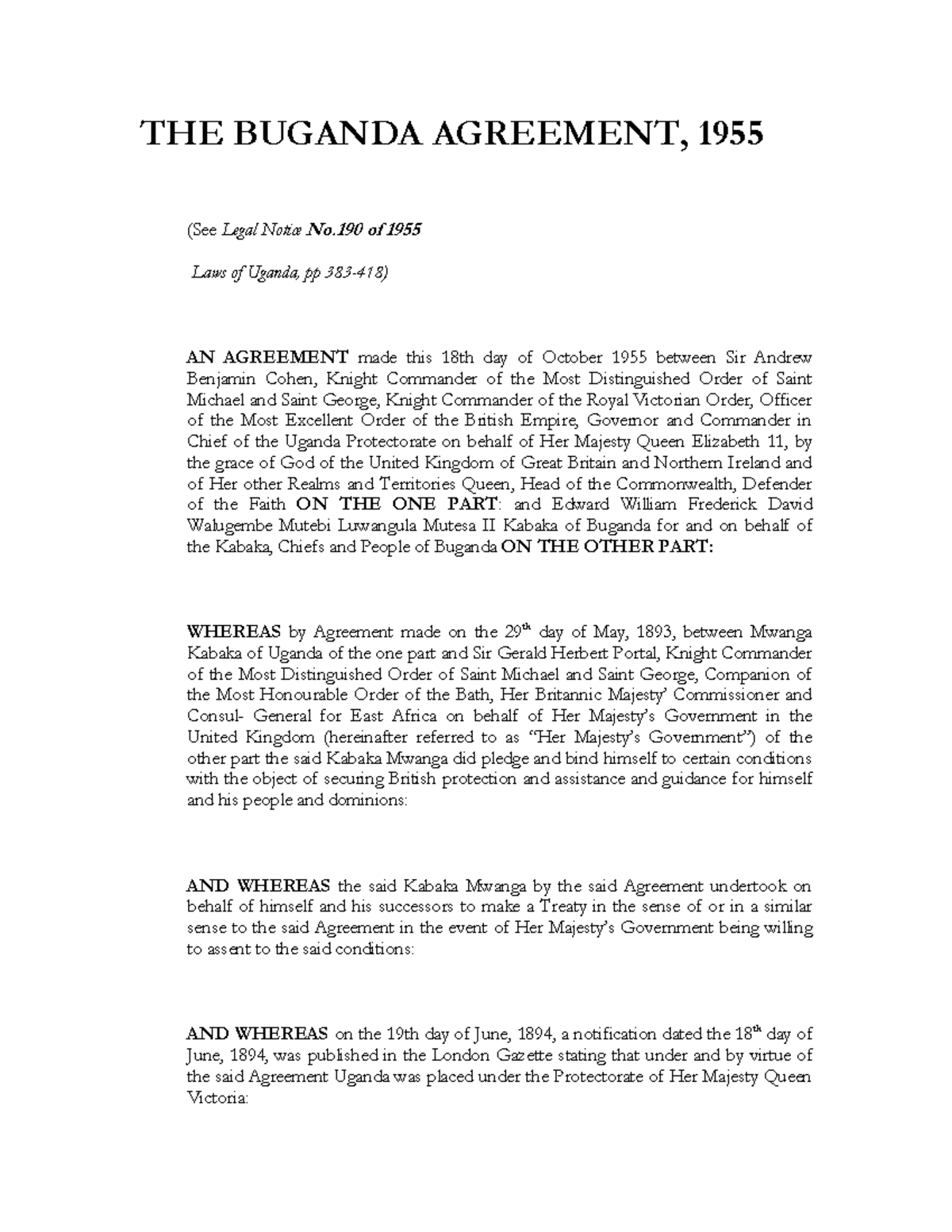 The Buganda Agreement of 1955: Analysis & Historical Context - Studocu