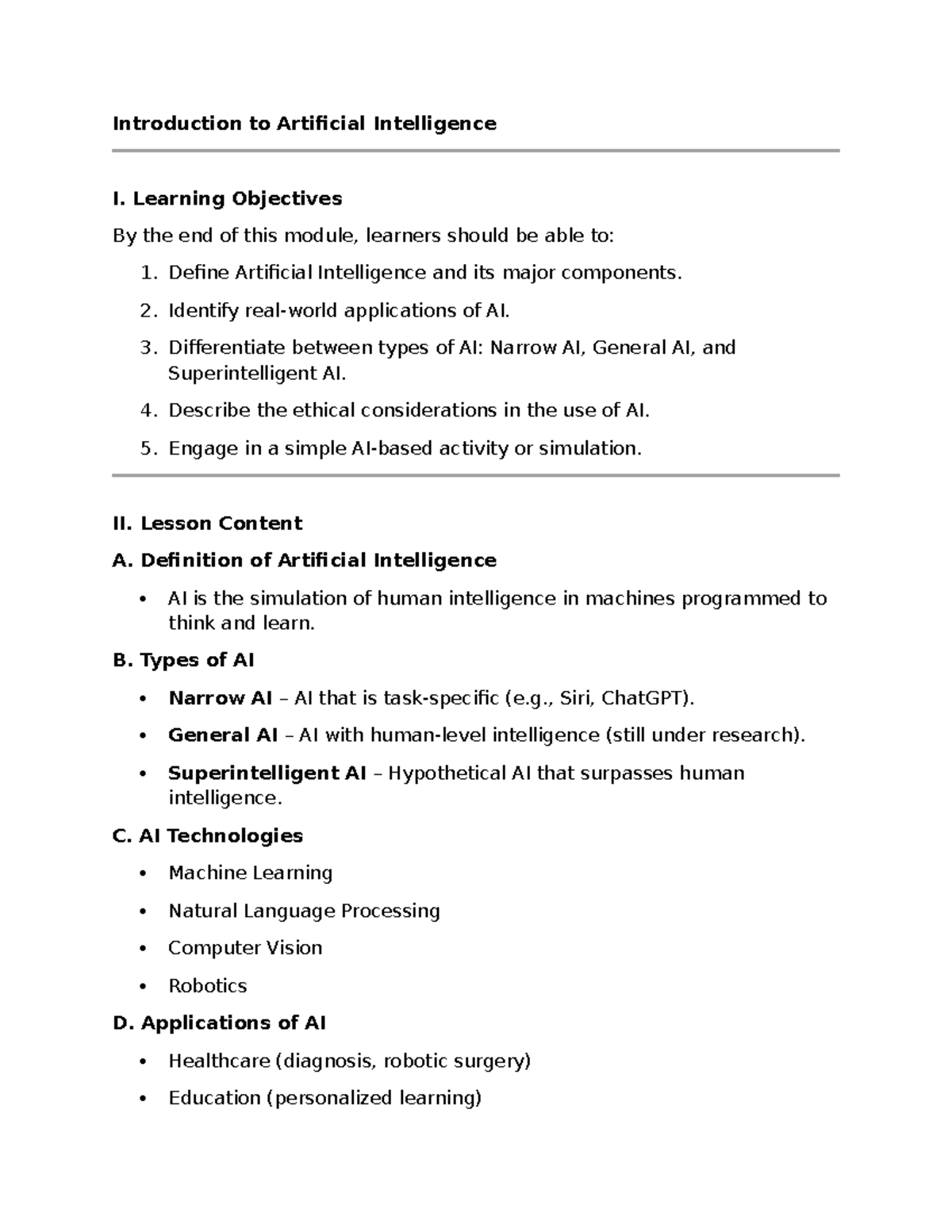 Introduction to Artificial Intelligence - Learning Objectives By the ...