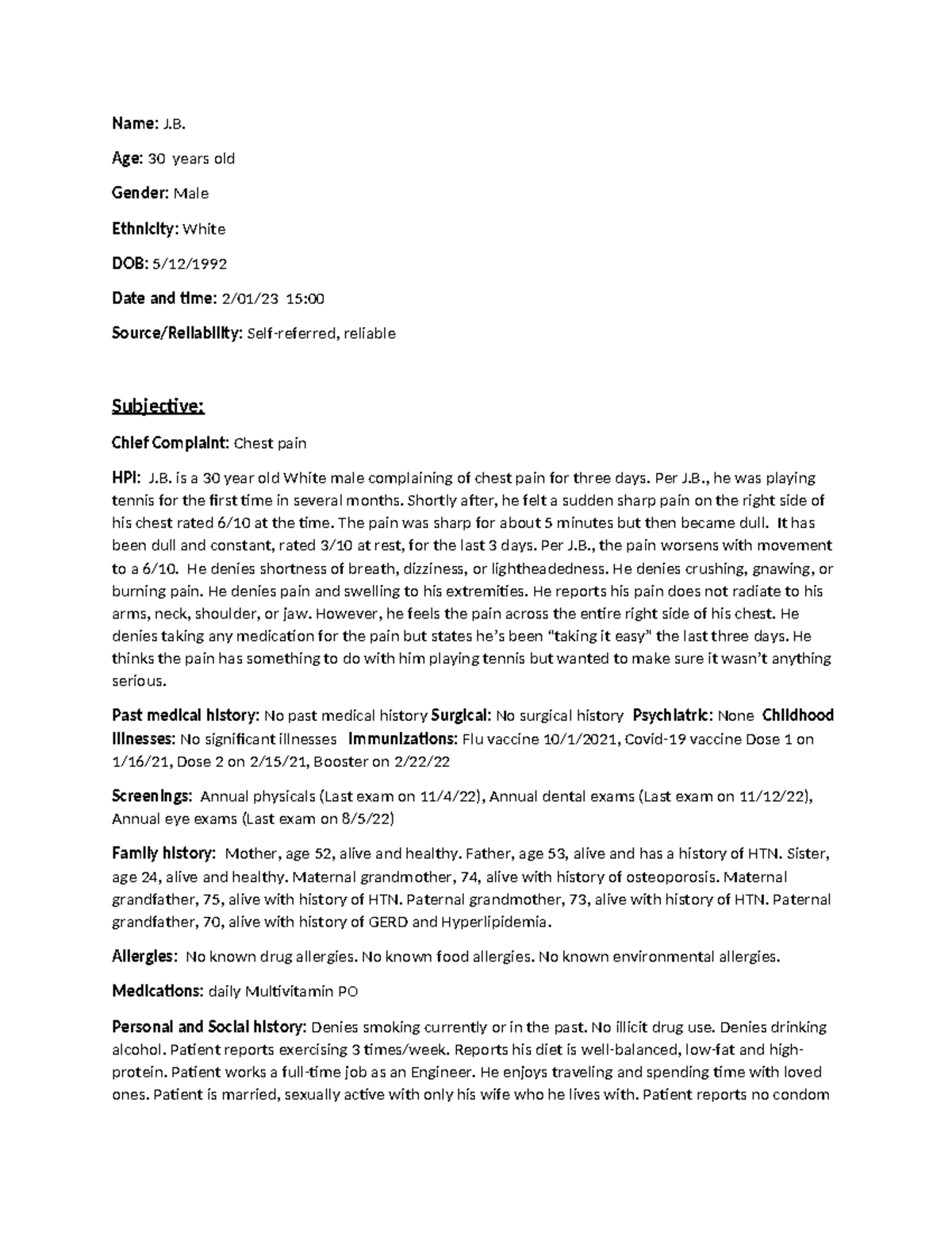 SOAP Note: Chest Pain Case Study for Patient J.B. - Studocu
