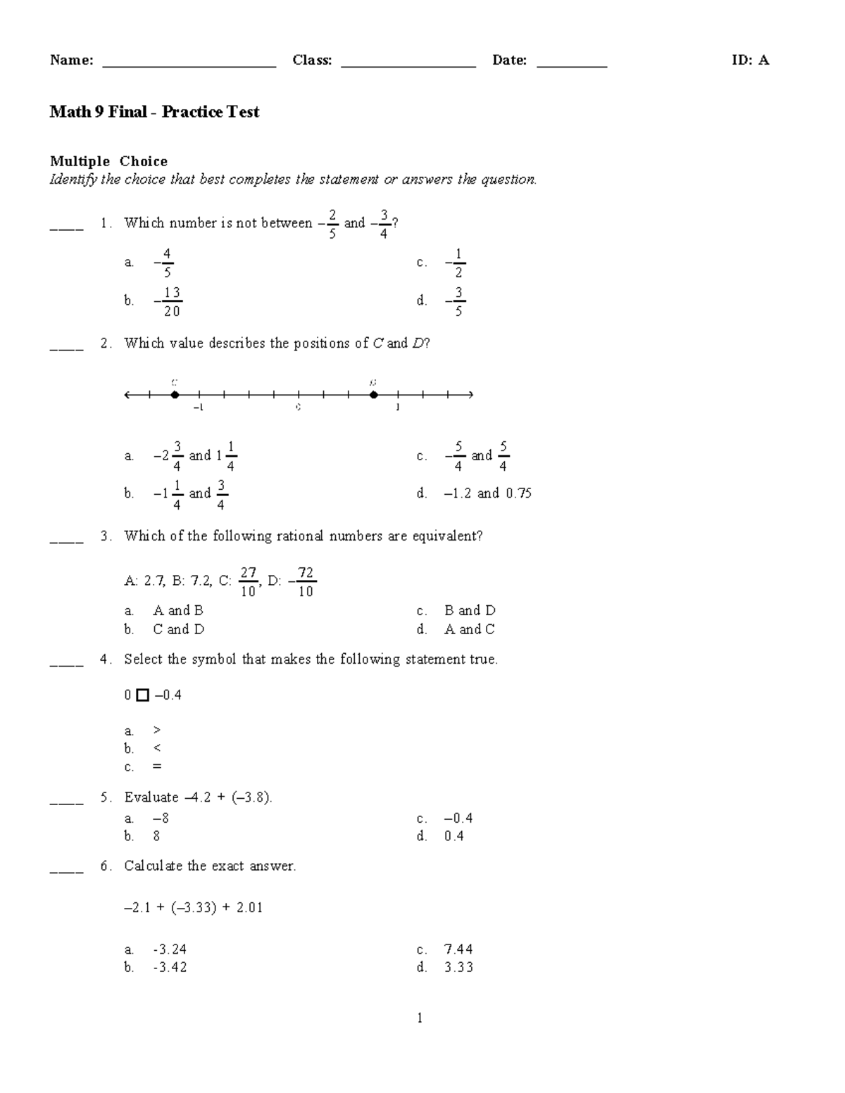 Math 9 Final Exam Practice Test and Answer Key - Studocu