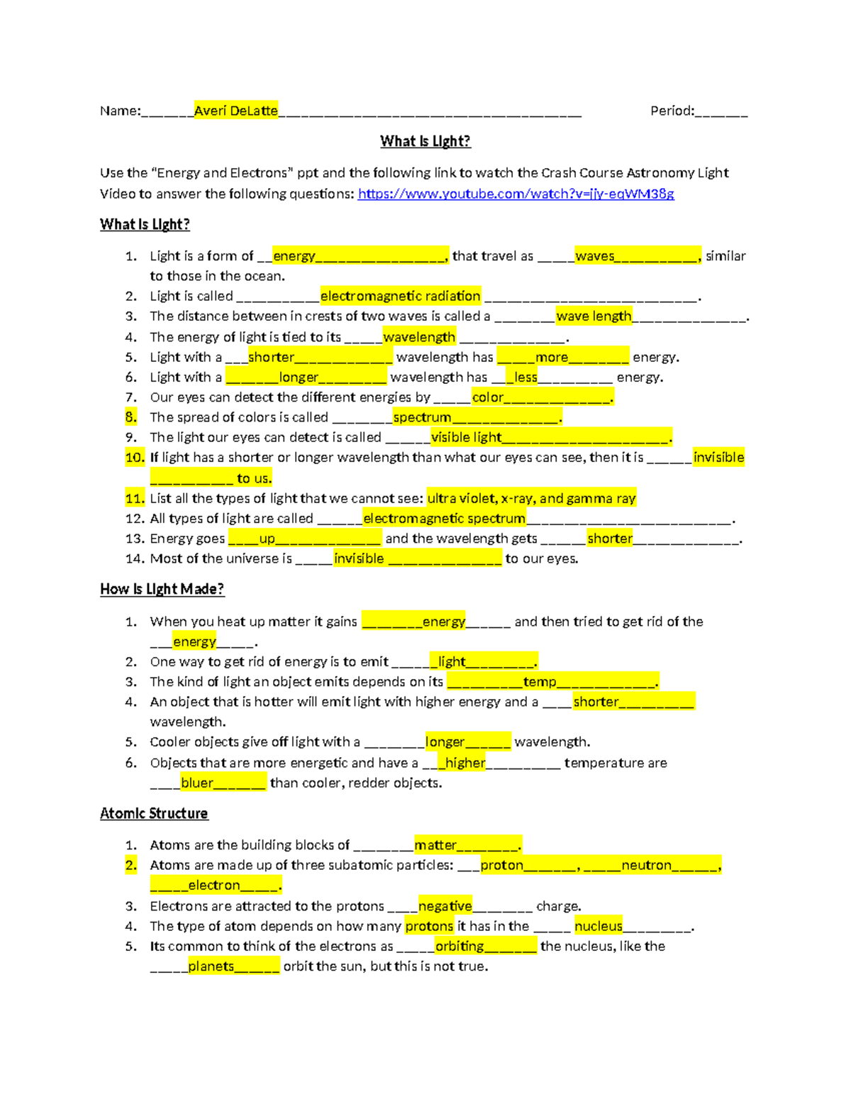 Energy, Light, and Electrons Worksheet (WS) - Studocu