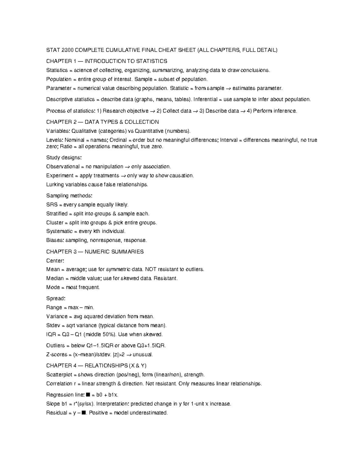 STAT 2300 CUMULATIVE FINAL CHEAT SHEET: ALL CHAPTERS SUMMARY - Studocu