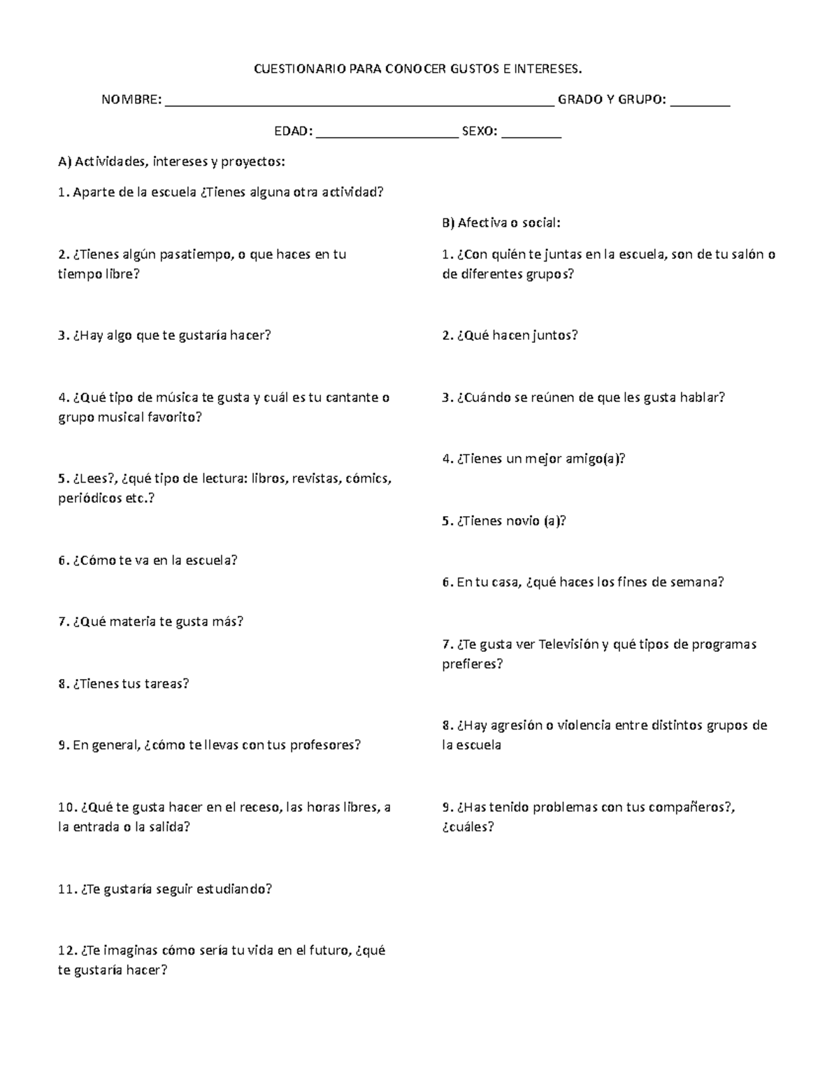 Cuestionario para Conocer Gustos e Intereses: Estudiantes 2023 - Studocu