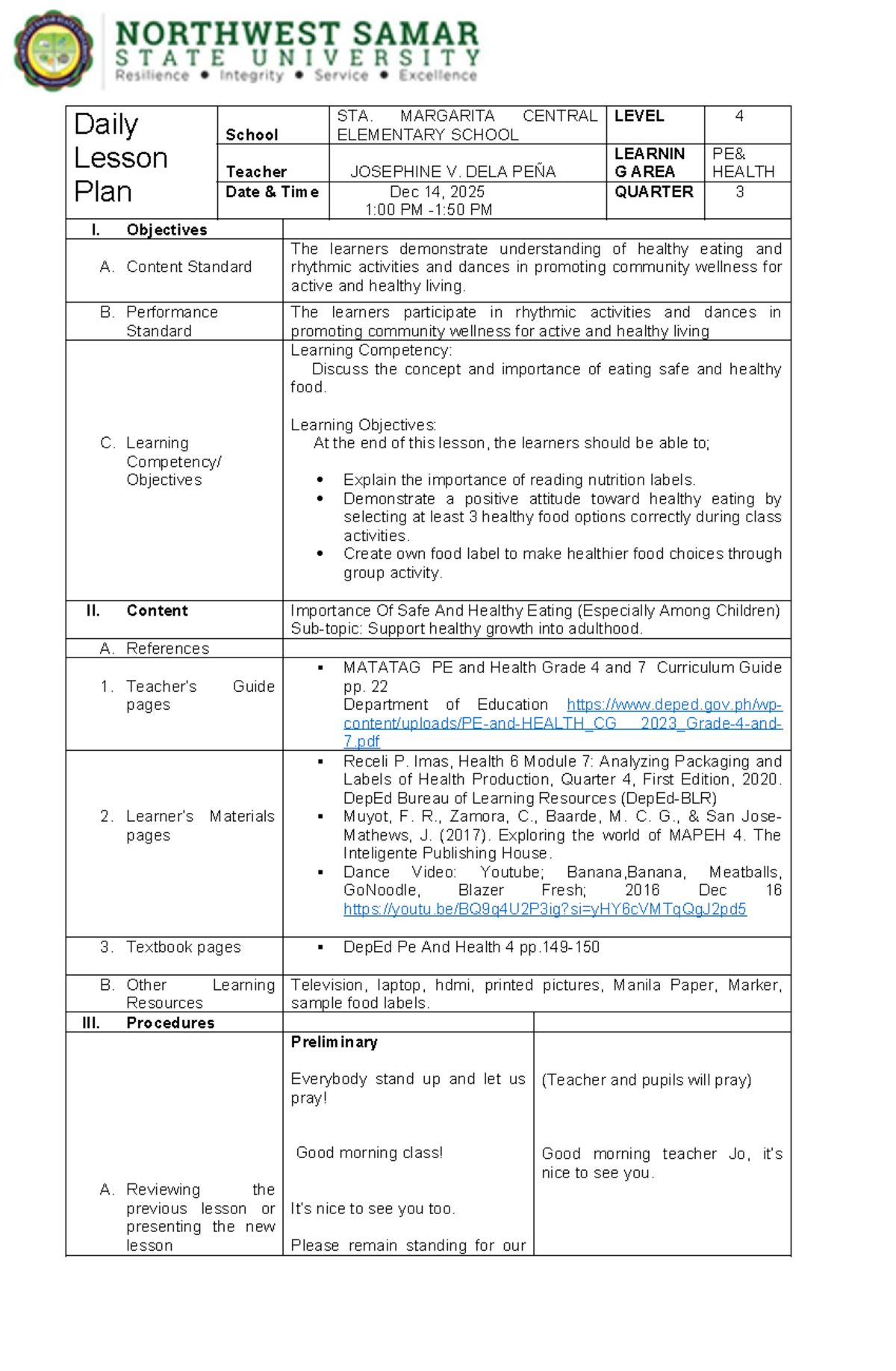 Daily Lesson Plan: Healthy Eating & Nutrition Labels (HEALTH 4) - Studocu