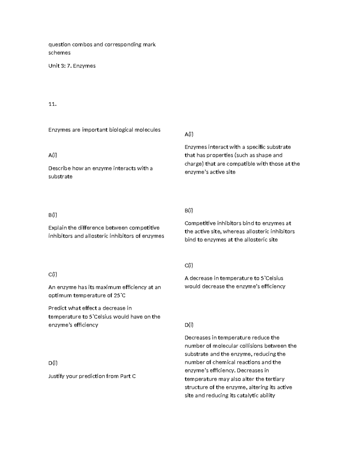 Unit 3: 7. Enzymes - AP Bio Question Combos & Mark Schemes - Studocu