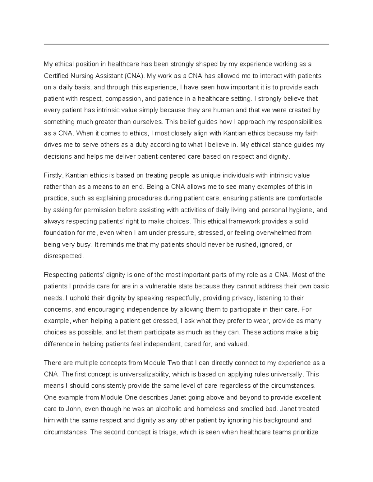 M2 Final Essay: Ethical Perspectives from a CNA's Experience - Studocu