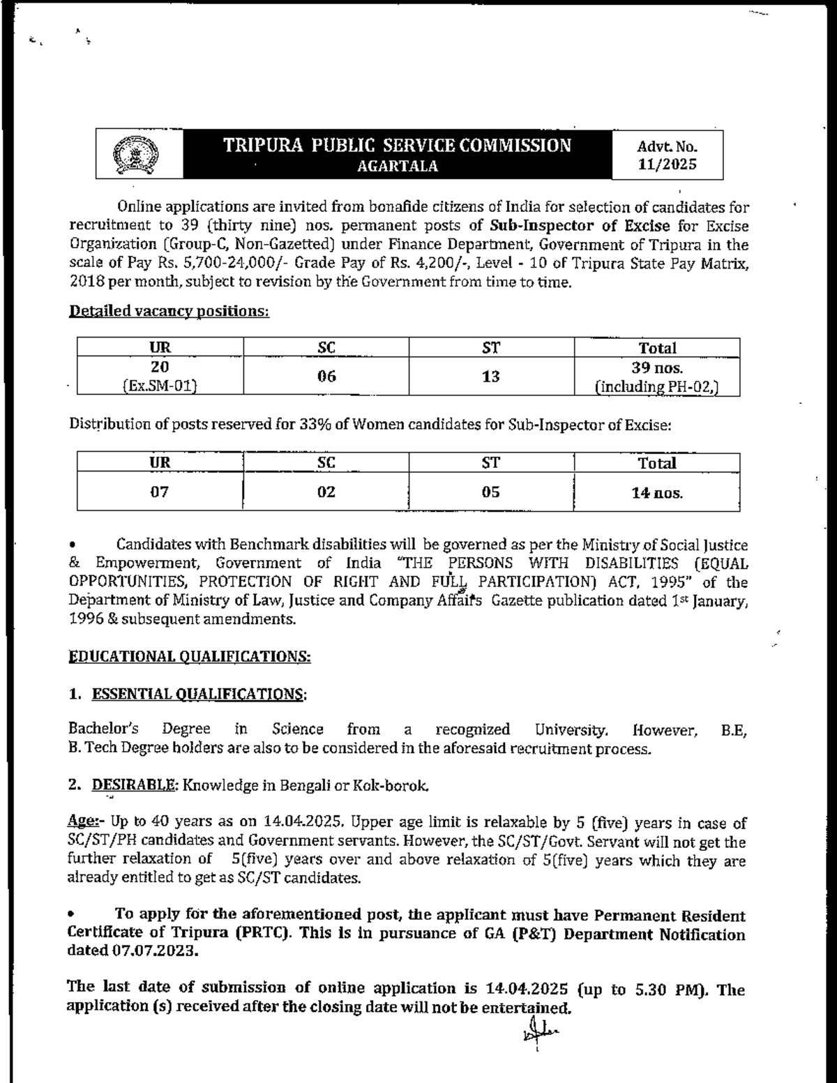 TPSC Recruitment Notification for Sub Inspector Posts - Advt. No ...