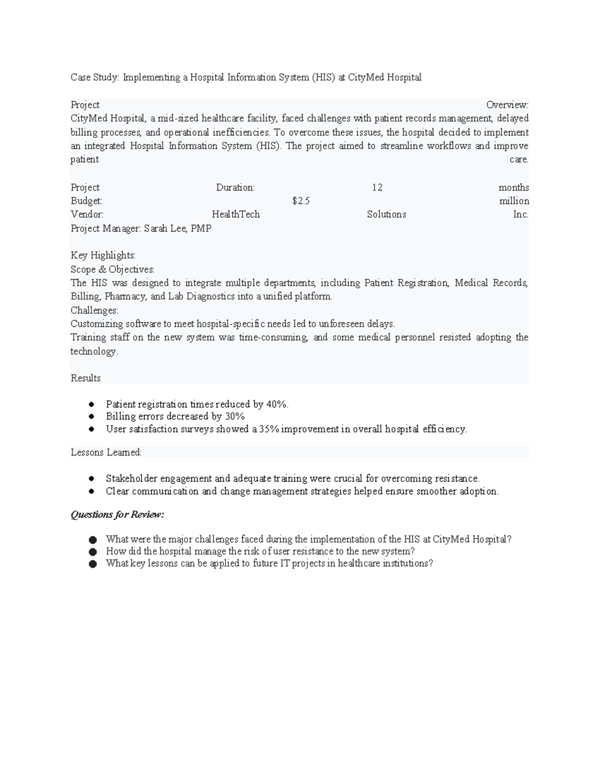 Case Study: HIS Implementation at CityMed Hospital - Studocu