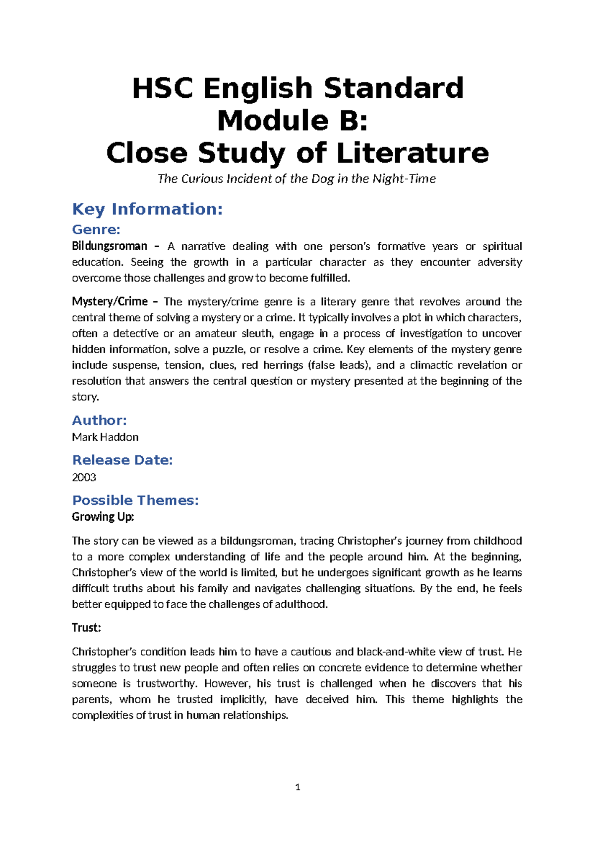 HSC English Standard - Module B: The Curious Incident Study Notes - Studocu