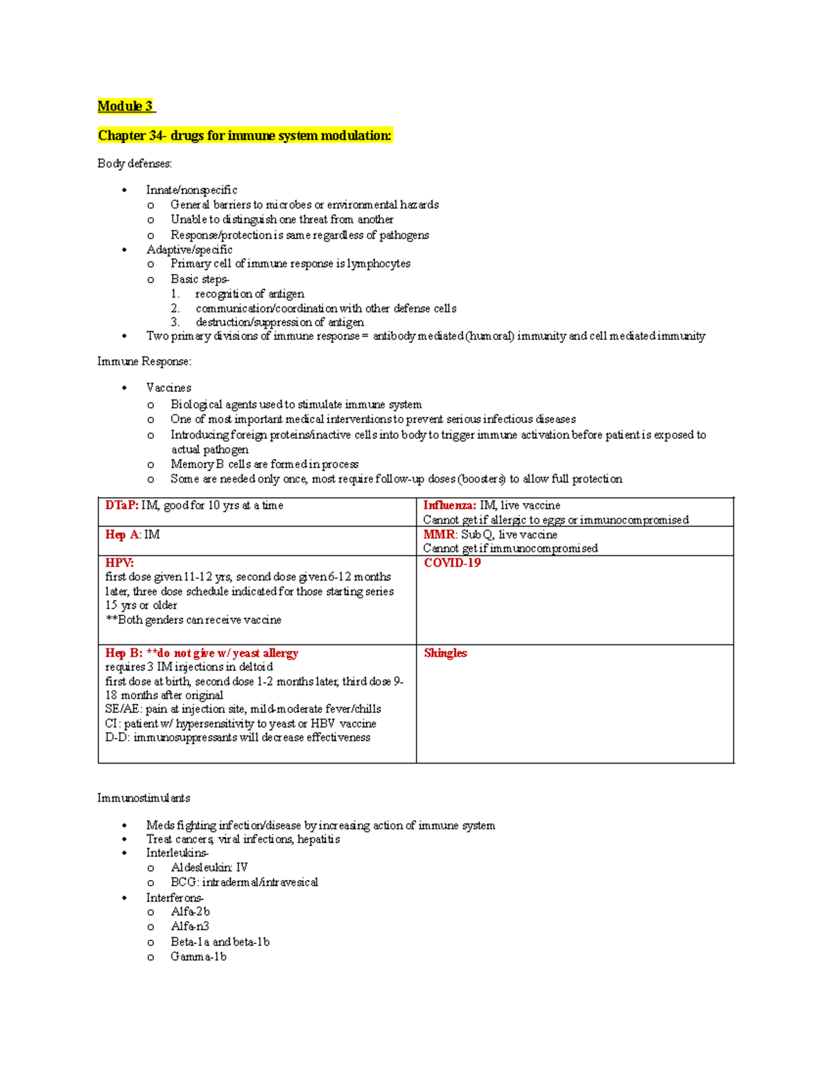 Pharm 101: Module 3 Chapter on Immune System Drugs and Therapies - Studocu