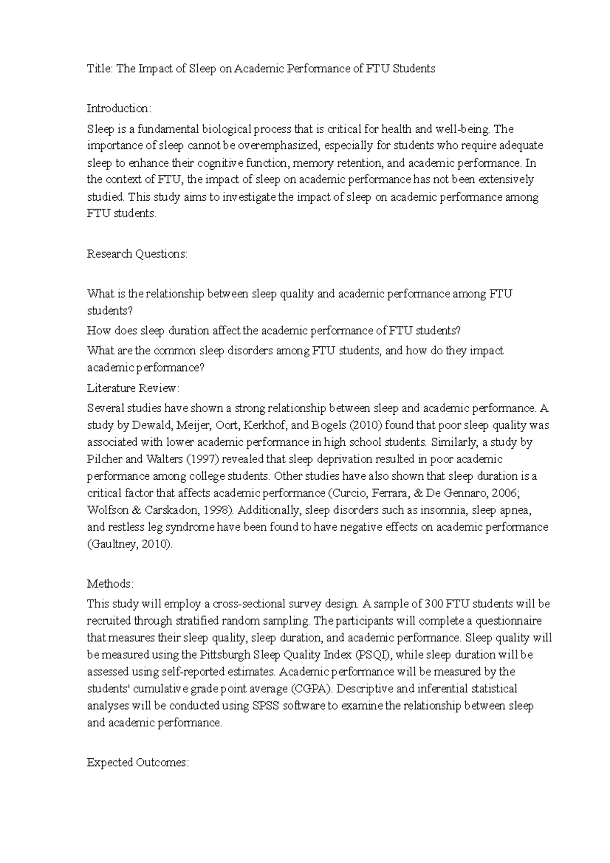 Research Proposal - Title: The Impact of Sleep on Academic Performance ...