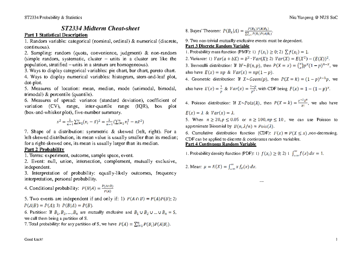 Midterm Cheatsheet - ST2334 Probability & Statistics Niu Yunpeng @ NUS SoC Good Luck! 1 ST2334 ...