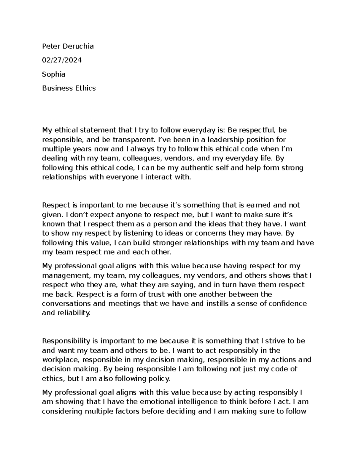 Touchstone 4: Personal Code of Ethics by Peter Deruchia - Studocu