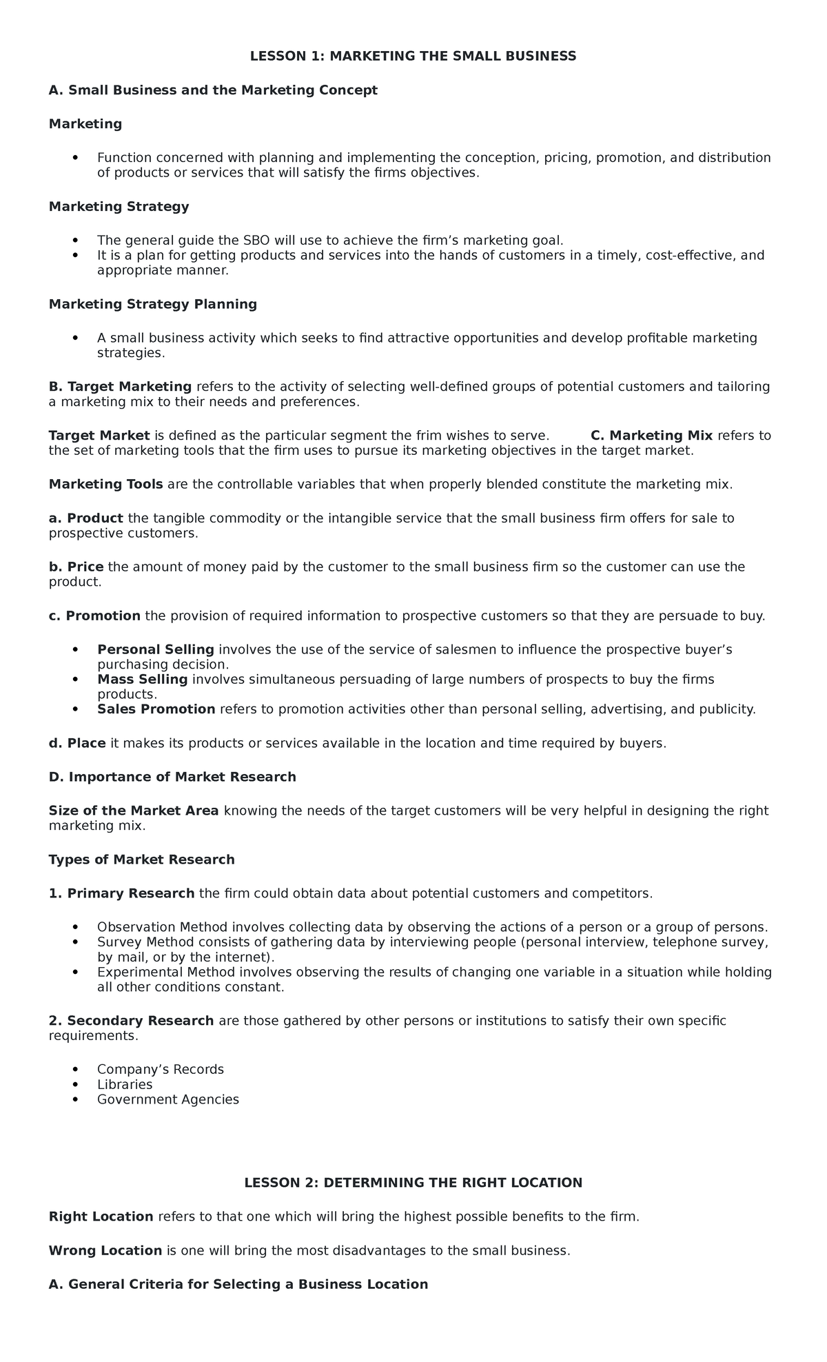 Marketing the Small Business: Lesson 1 Overview and Key Concepts - Studocu