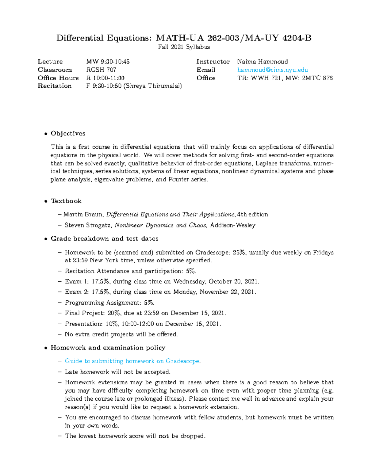 Math-UA 262: Differential Equations Fall 2021 Syllabus & Course Info ...