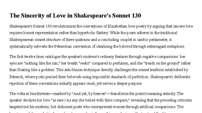 Sonnet 130 Analysis: Sincerity in Shakespeare's Love Poetry - Studocu