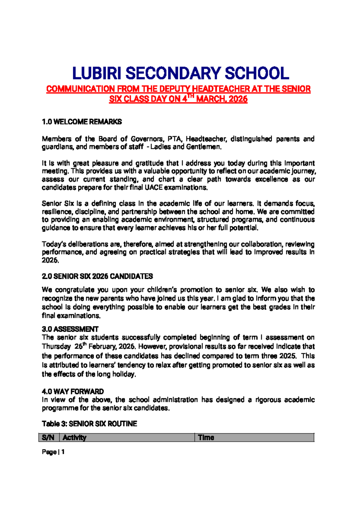 Senior Six Class Day Report 2026 - LUBIRI SCHOOL - Studocu