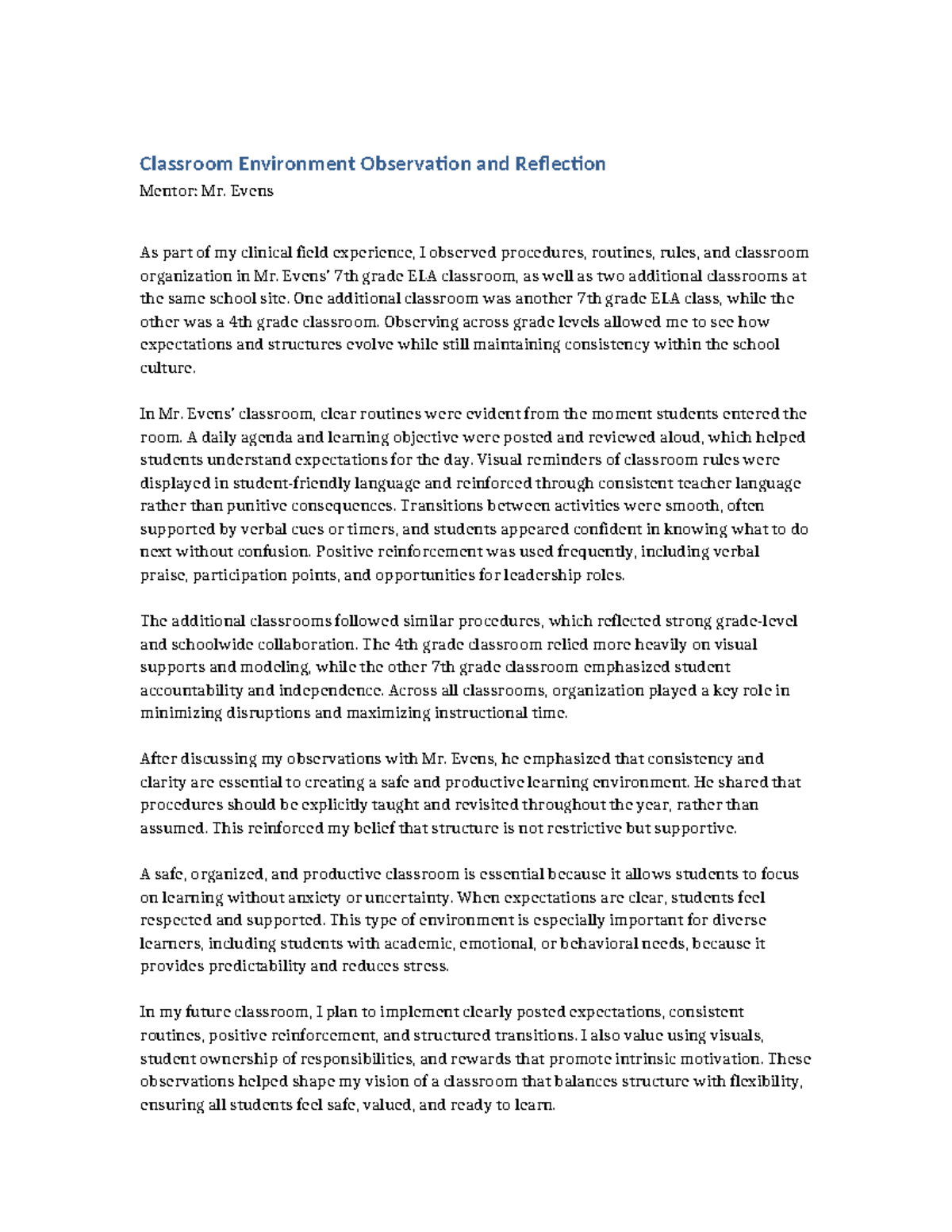 7th Grade ELA Classroom Environment Observation Reflection - Studocu