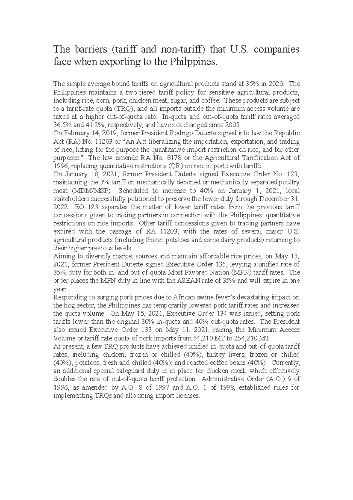 Foreign-Trading - Case study topic - The barriers (tariff and non ...