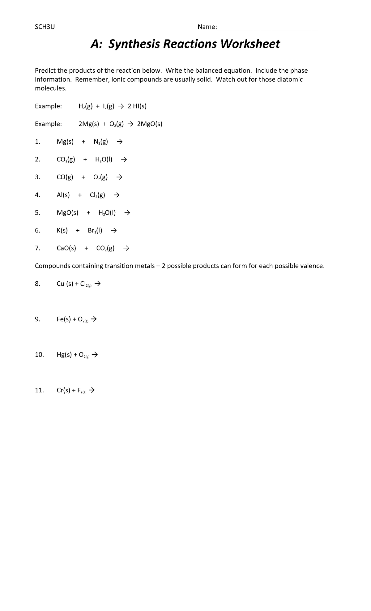 SCH3U - Synthesis Reactions Worksheet & Balanced Equations - Studocu