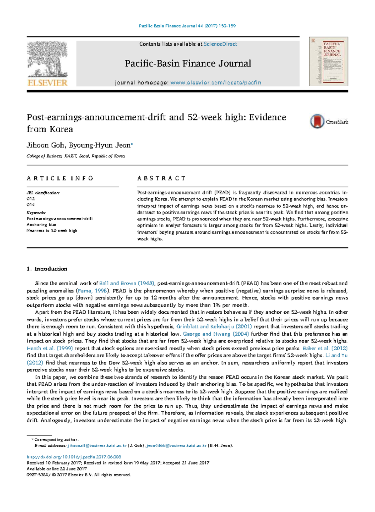PEAD and Anchoring Bias in the Korean Stock Market: Evidence from ...