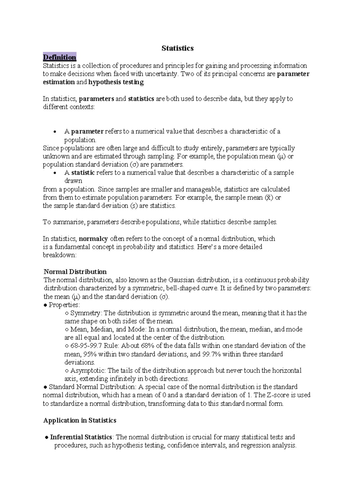 Statistics - Self Notes on Definitions and Concepts - Studocu