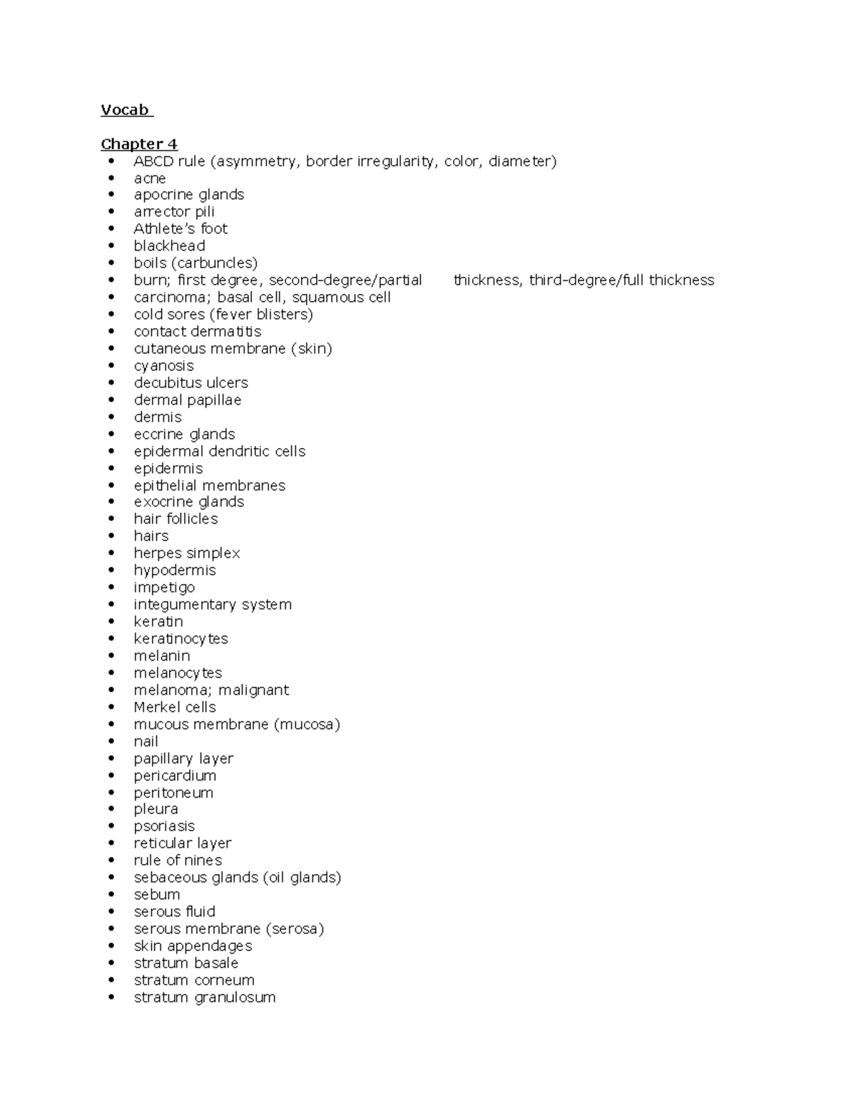 Integumentary System Vocabulary - Chapter 4 Notes (BIO101) - Studocu