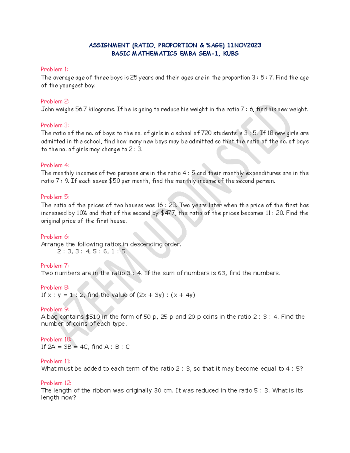 Ratio, Proportion & Percentage Assignment - KUBS EMBA SEM-1 - Studocu