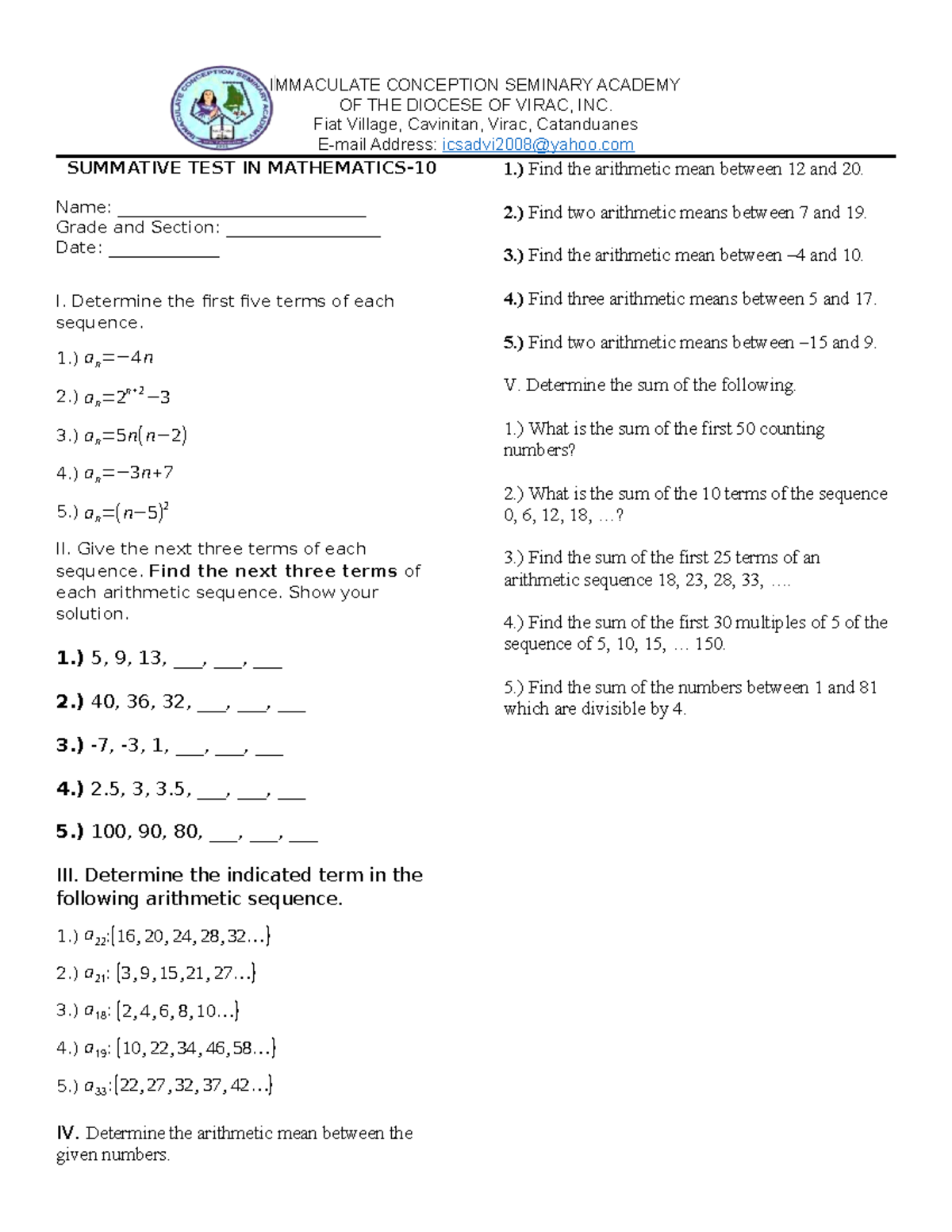 1st Summative Test in Math 10: Arithmetic Sequences and Means - Studocu
