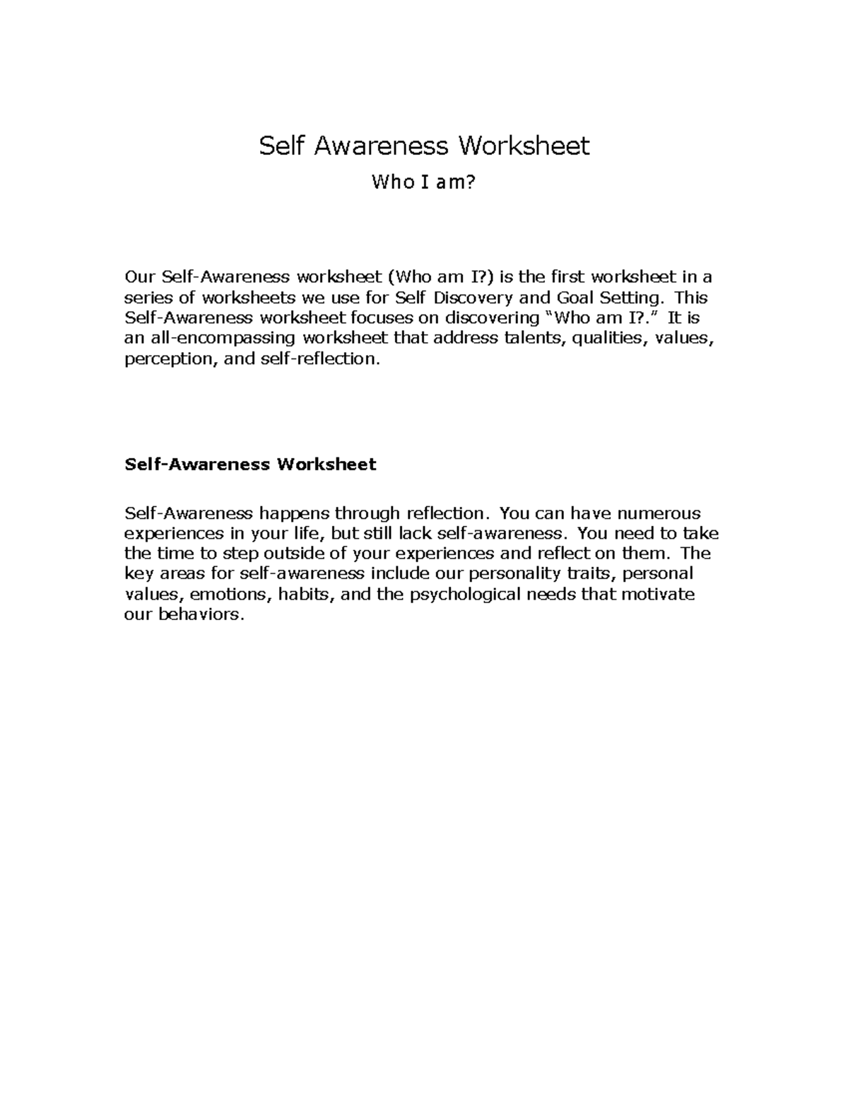 Self-Awareness Worksheet: Discovering Who I Am for Personal Growth ...